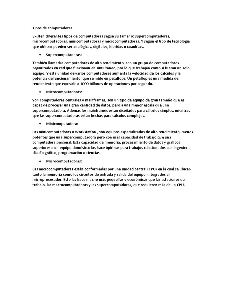 Informatica Tipos de Computadoras | PDF | Informática