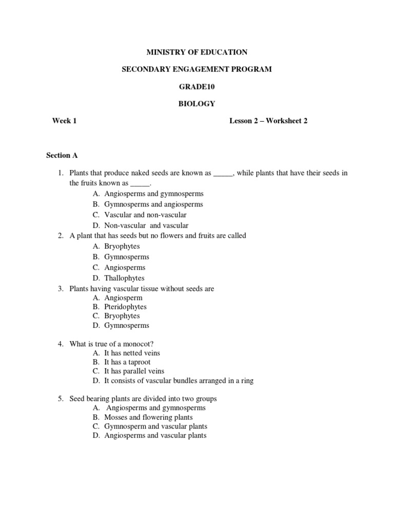 Grade 10 Biology Week 1 Lesson 2 Worksheet 2 and Solutions | PDF ...