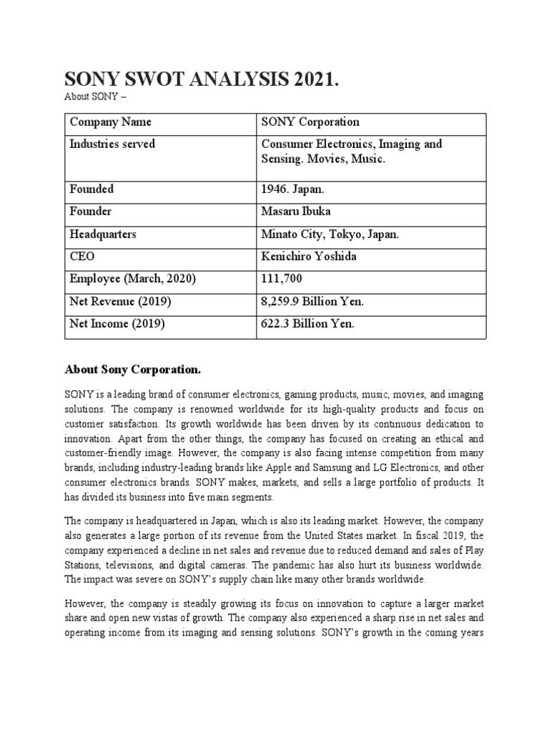 Sony Swot Analysis 2021 | PDF | Sony | Brand