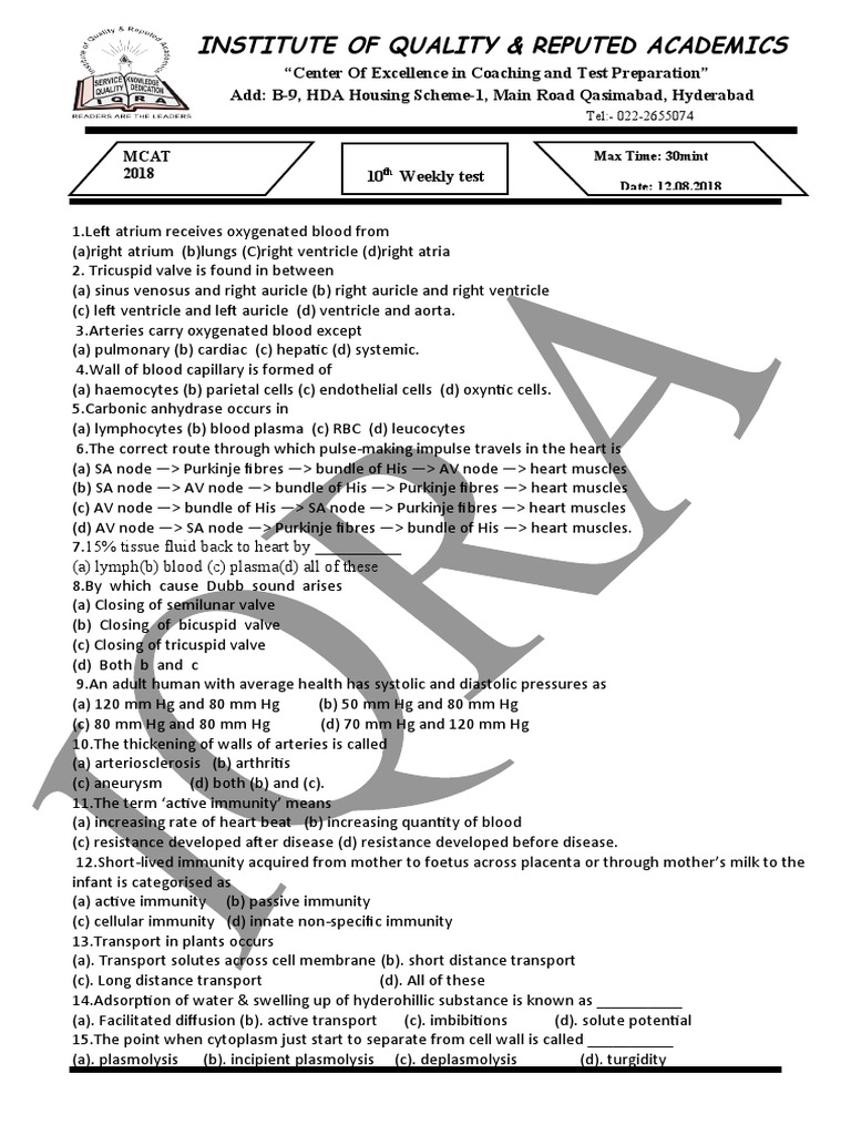 11th Weekly Test MCAT | PDF | Heart | Atrium (Heart)