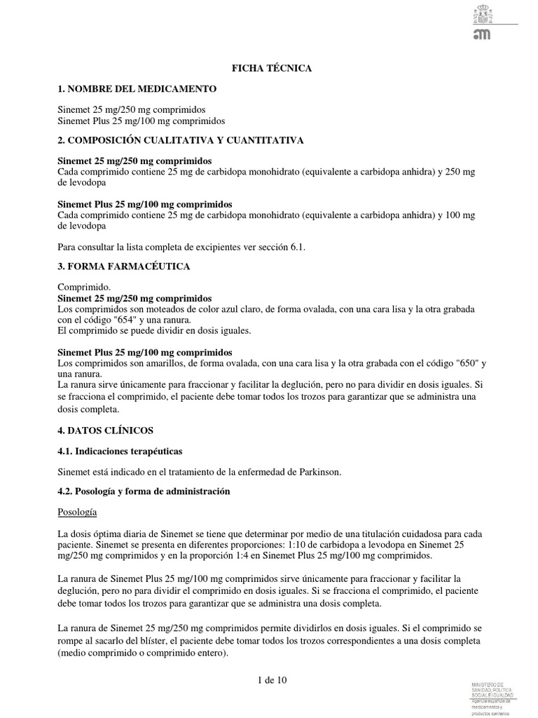 Ficha Técnica de Sinemet y Sinemet Plus | PDF | Medicina CLINICA | Medicina