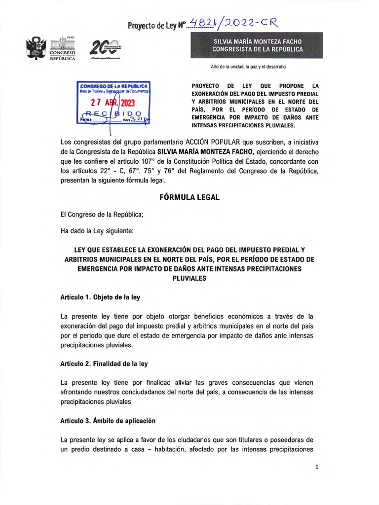 Proyecto de Ley 11°.... 1 - E2:1/20: Fórmula Legal | PDF | Perú | Infraestructura