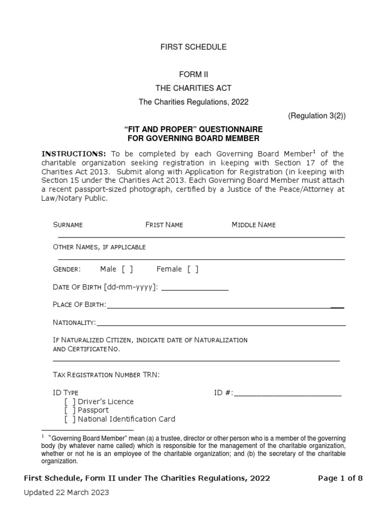 1st Schedule Form II - Fit and Proper Questionnaire | PDF | Charitable ...