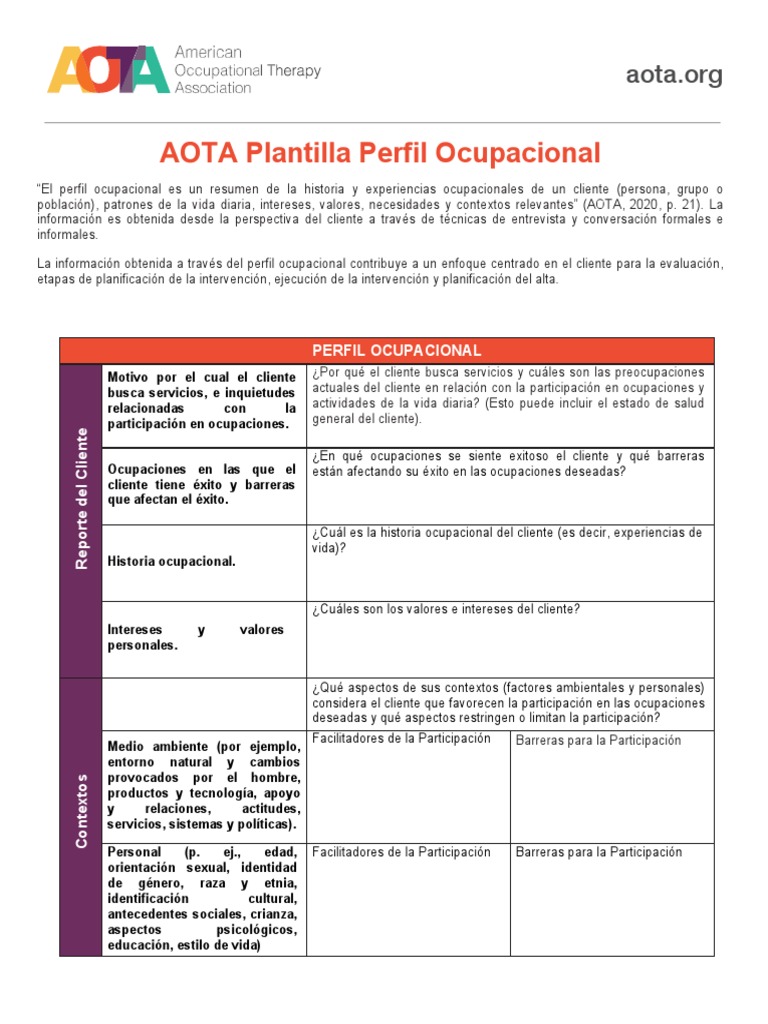 AOTA-Perfil Ocupacional Plantilla 2021 | PDF | Cliente | Ciencias del ...