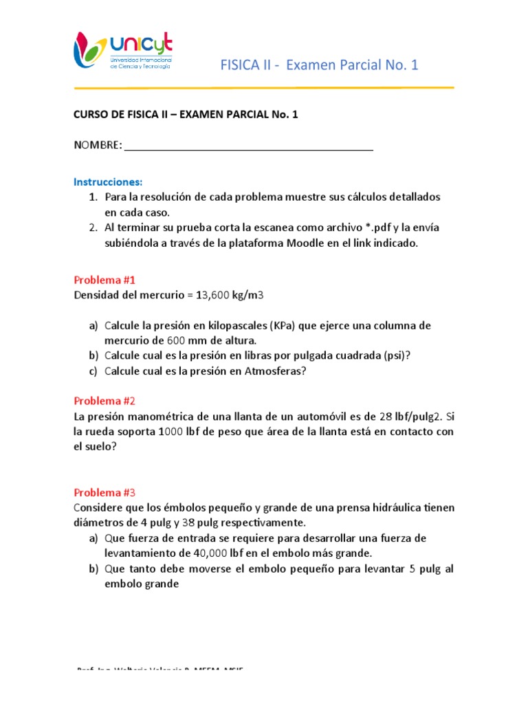 Examen Parcial No 1 FISCA II | PDF | Presión | Pascal (Unidad)