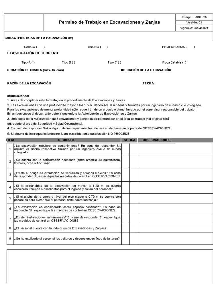Permisos de seguridad para excavaciones y zanjas | PDF