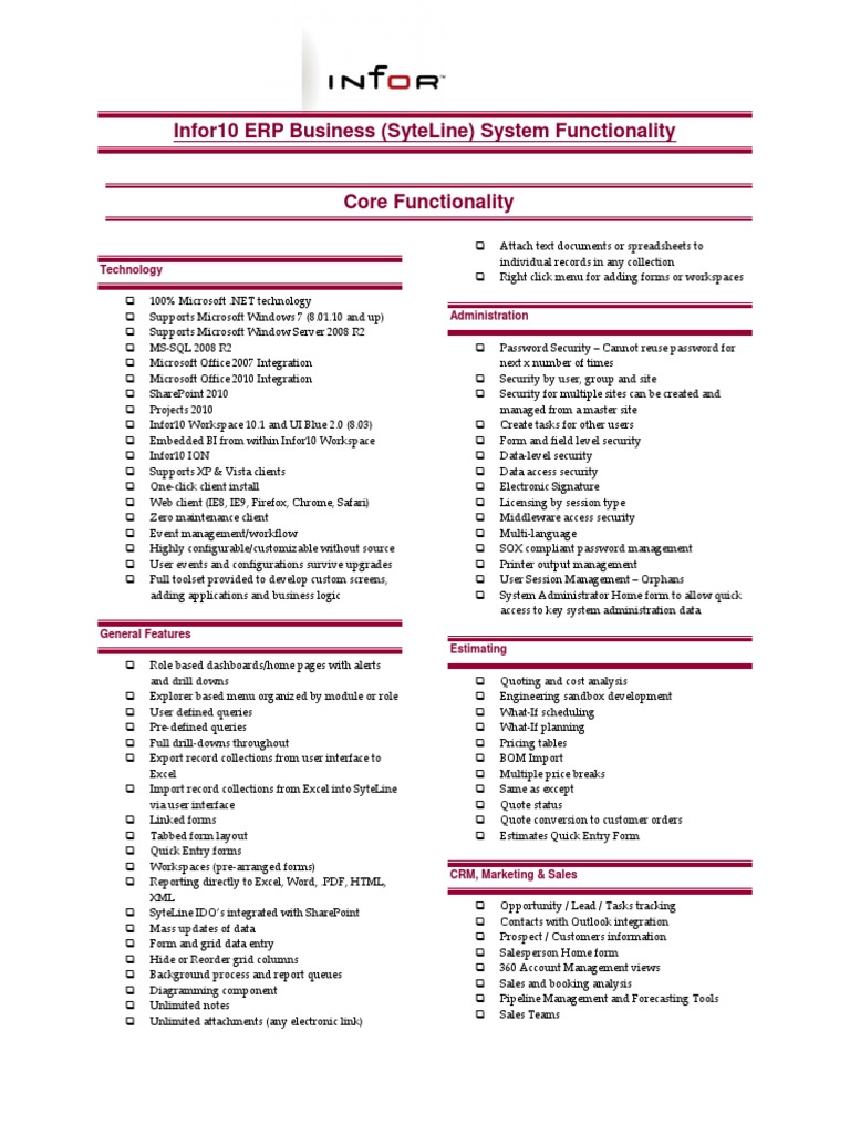 Infor10 ERP SyteLine Functionality Overview | PDF | Business | Computers