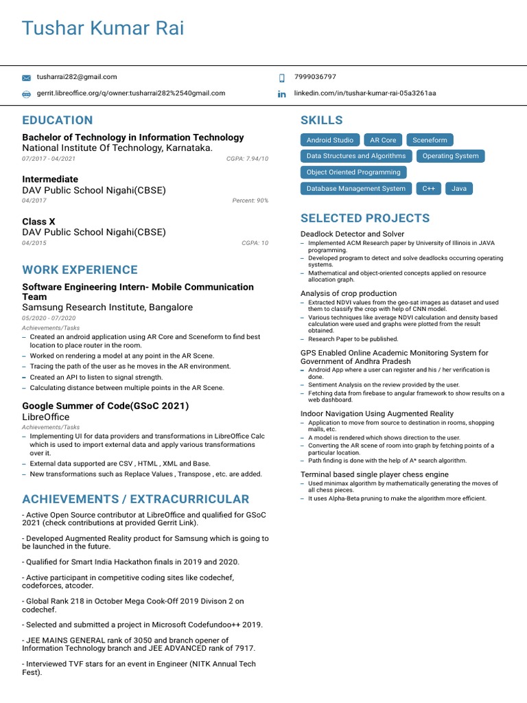 Tushar's Resume | PDF | Android (Operating System) | Computer Programming