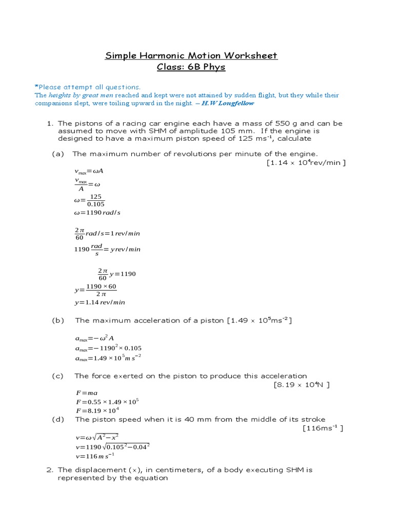 SHM Worksheet 2022 | PDF | Oscillation | Velocity