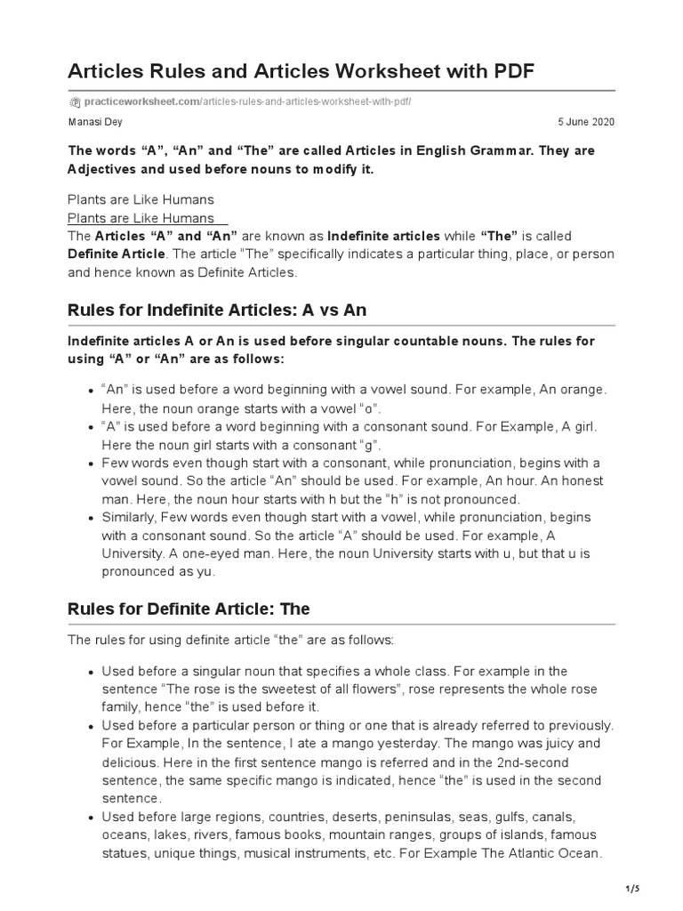 Articles Usage Rules and Worksheets | PDF | Noun | Word
