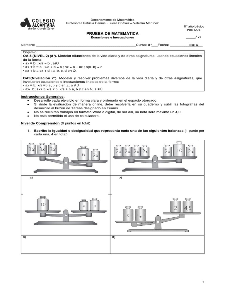 Prueba de Ecuaciones e Inecuaciones 8° Básico | PDF | Ecuaciones ...