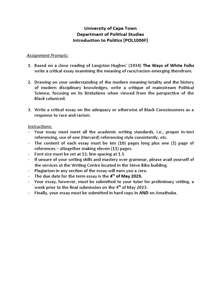 Essay Prompt - POL1004F | PDF