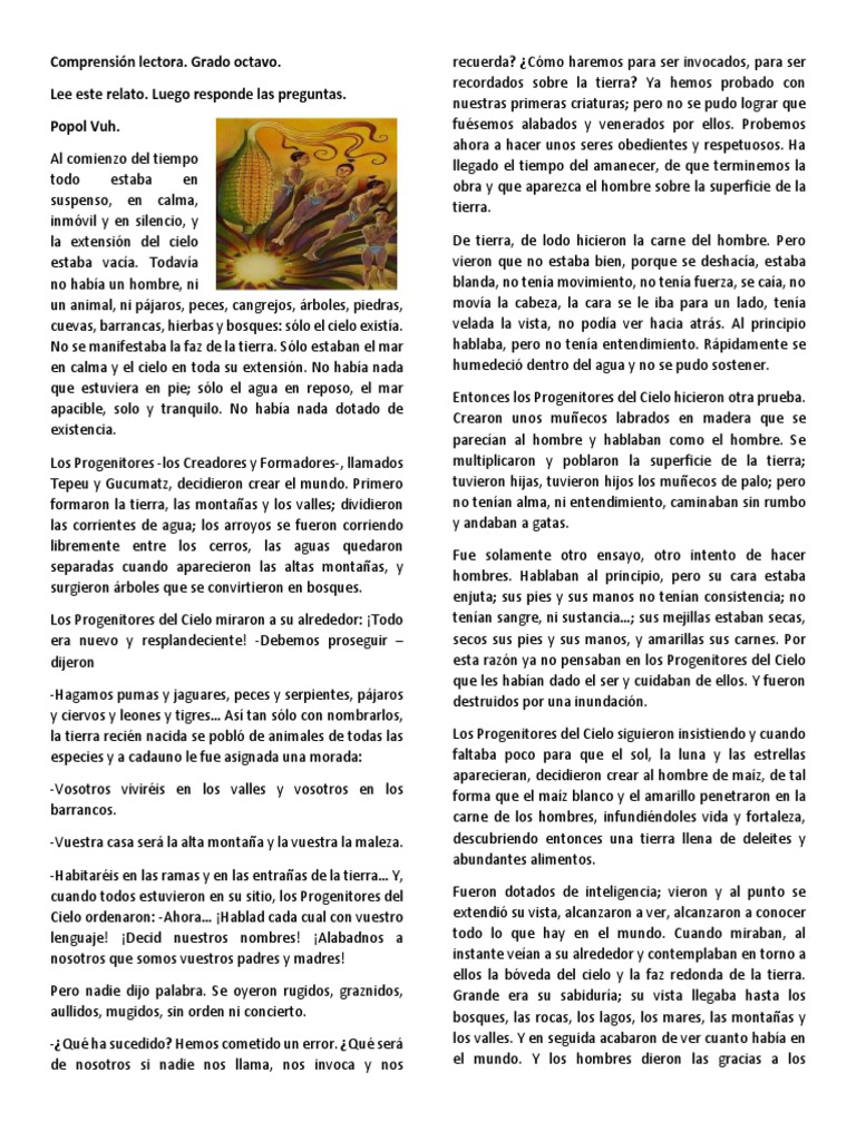 Comprensión Lectora - EL POPOL VUH. | PDF