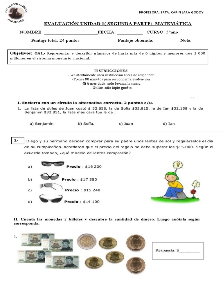 Evaluación Matemática 5° Año - Unidad 1 | PDF | Crecimiento personal y ...