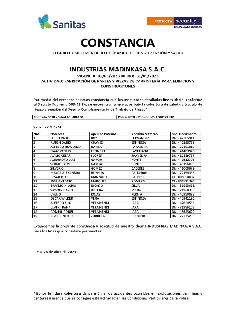 Cobertura SCTR para Madinkasa S.A.C. | PDF