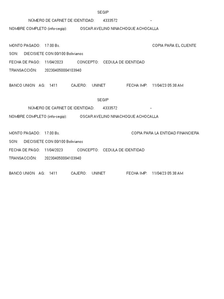 Comprobante Segip | PDF