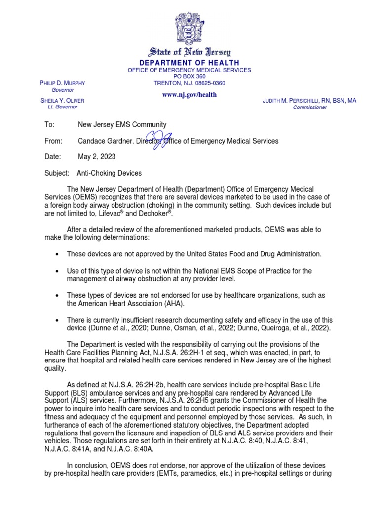 Position Statement Re: Anti-Choking Devices, New Jersey Department of ...