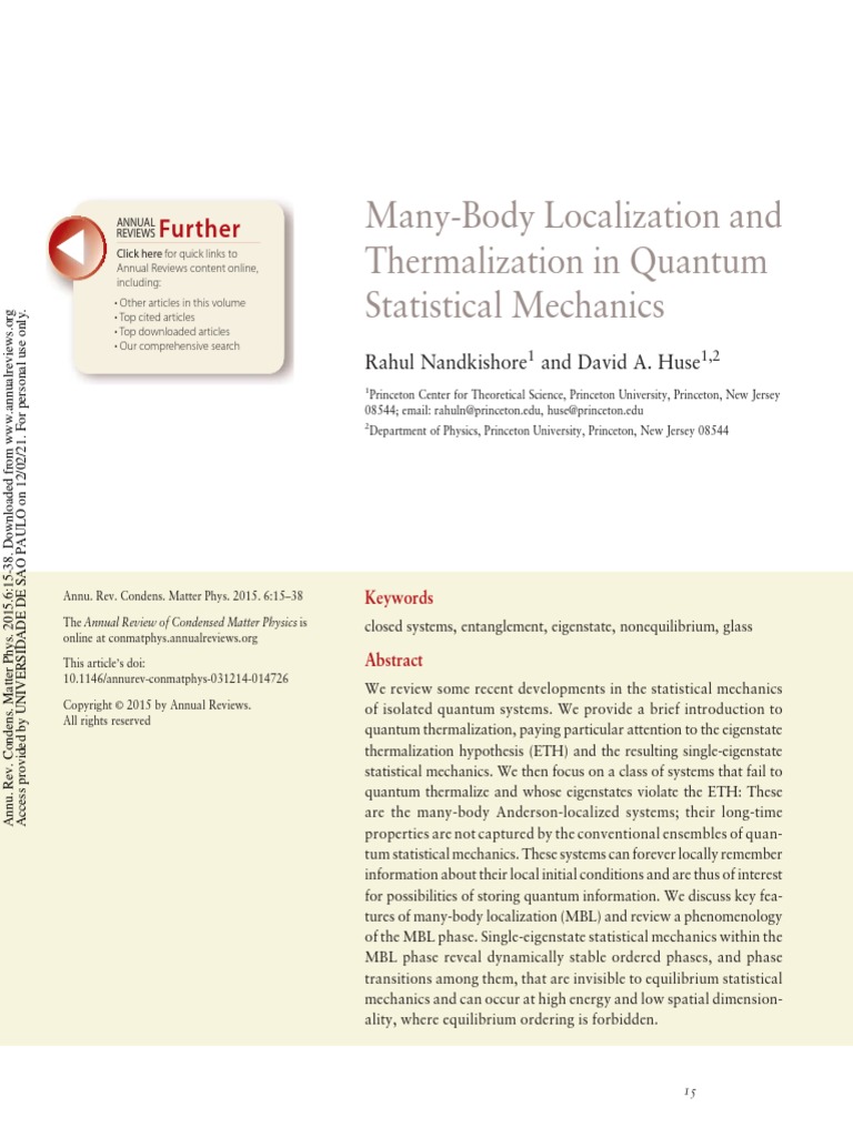 Many-Body Localization and Thermalization in Quantum Statistical Mechanics | Download Free PDF ...