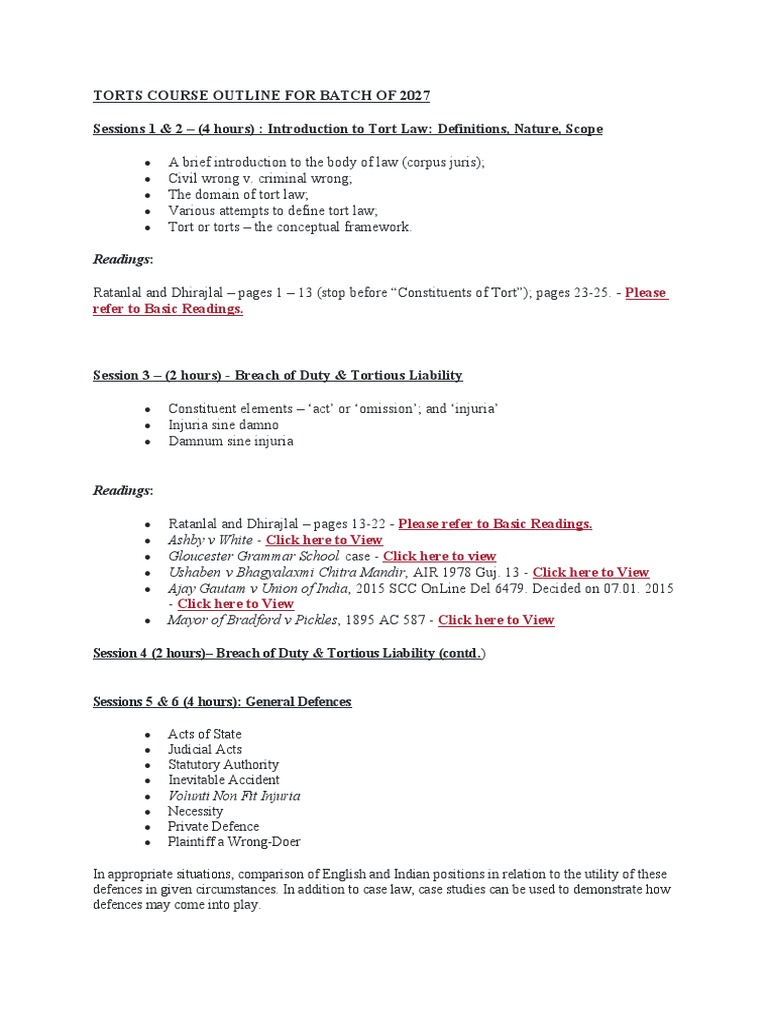 Torts Course Outline For Batch of 2027 | PDF | Defamation | Tort