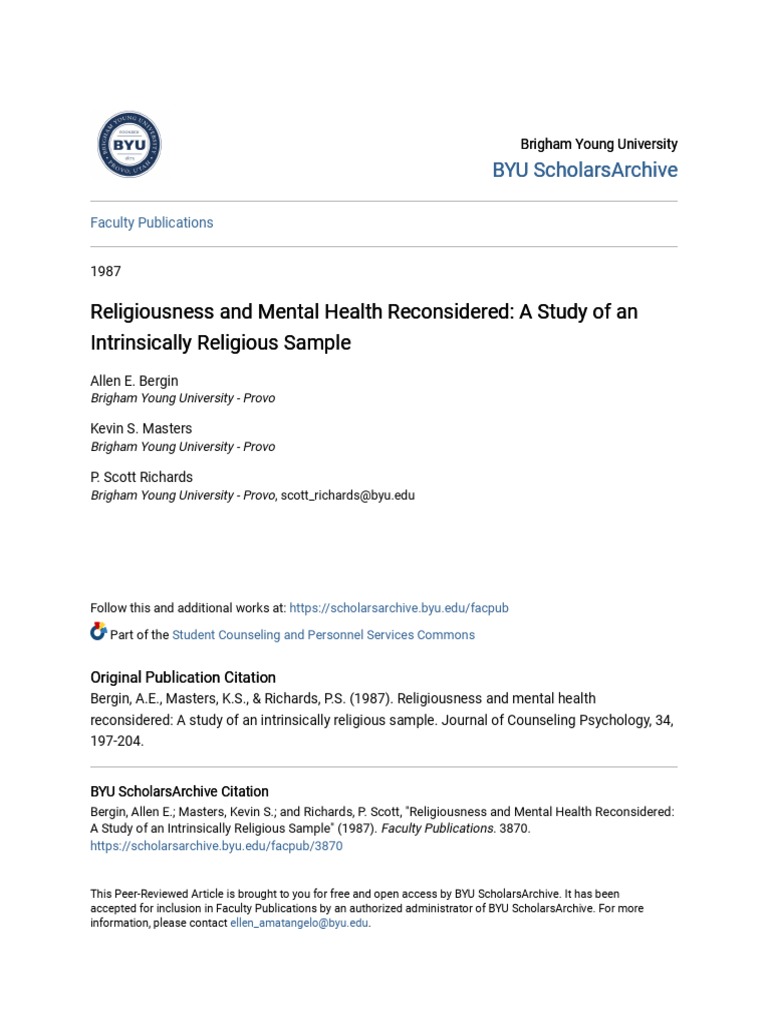 Religiousness and Mental Health Reconsidered Intrinsically Religious ...