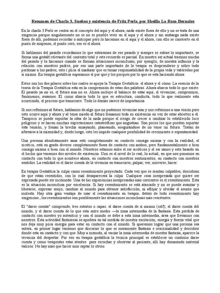 Resumen de Charla 3, Sueños y Existencia de Fritz Perls | PDF | Terapia Gestalt | Sicología