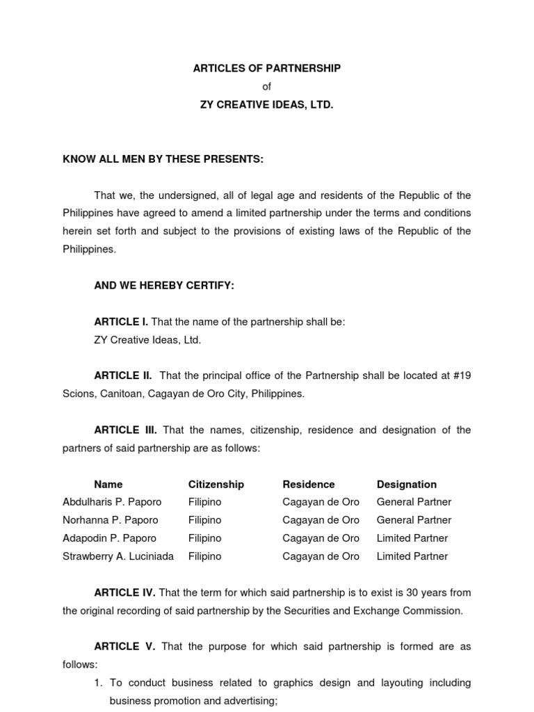 Sample Articles of Partnership | PDF | Limited Partnership | General ...