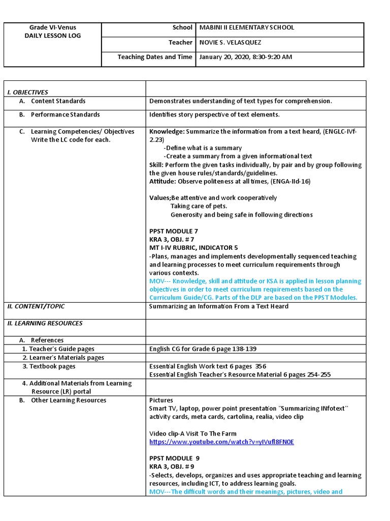 COT DLP ENGLISH 6 Q4 SUMMARIZING INFORMATIONS HEARD, With ANNOTATIONS ...