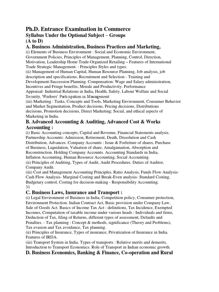 PhD Commerce Entrance Exam Syllabus | PDF | Databases | Economics