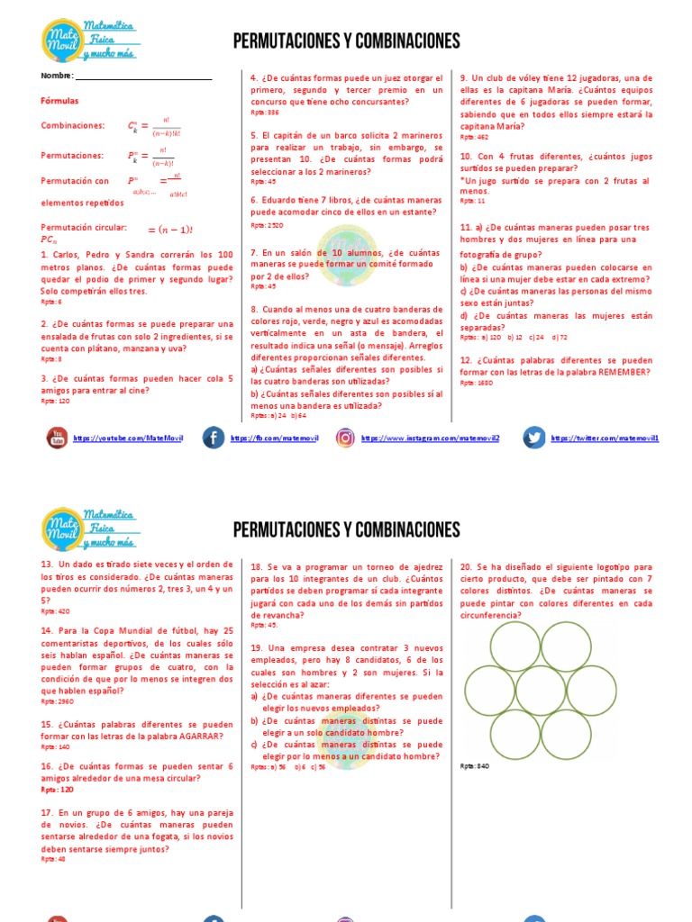 Permutaciones y Combinaciones Ejercicios Resueltos PDF | PDF