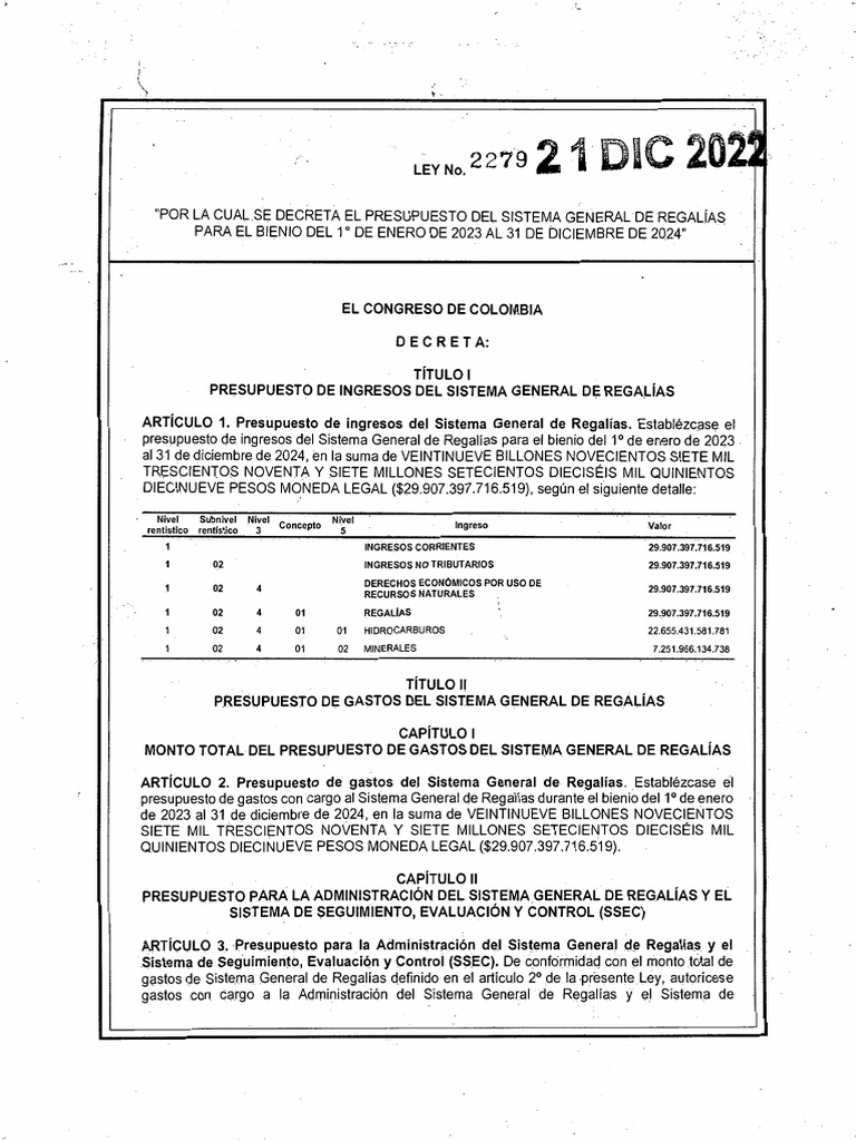 Ley 2279 de 21 de Diciembre de 2022 PDF | PDF | Pago de regalías ...