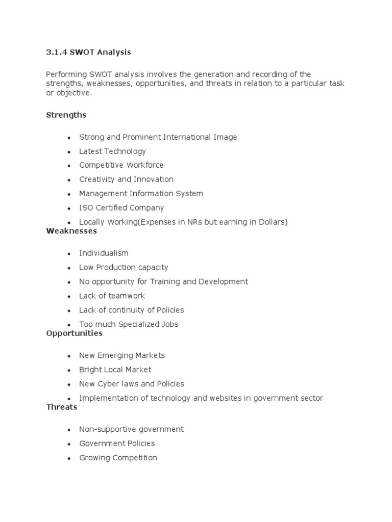 3.1.4 SWOT Analysis | PDF | Employment | Swot Analysis