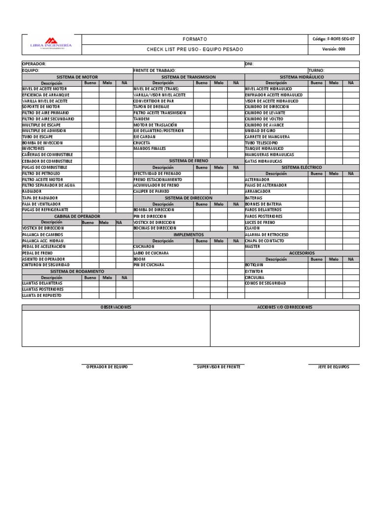 Checklist de inspección previa al uso de equipo pesado | PDF | Inyección de combustible ...
