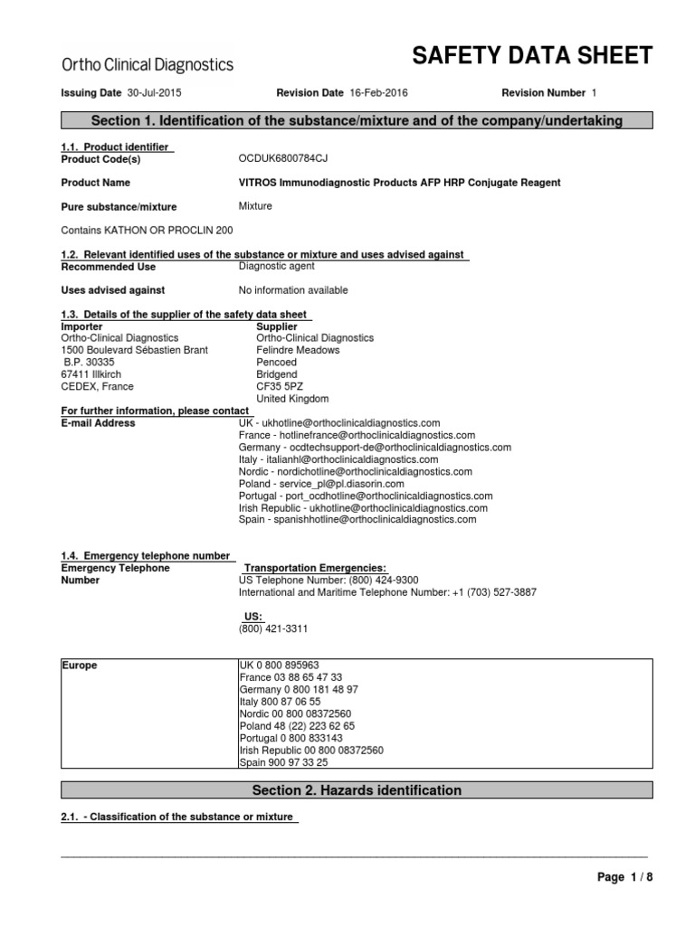 VITROS AFP HRP Reagent Safety Data | PDF | Toxicity | Personal ...