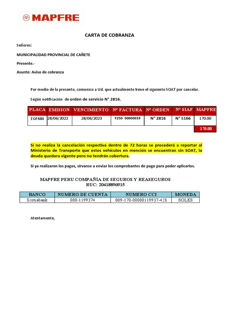 Carta de Cobranza Mapfre - Muni Cañete - Orden 2816 | PDF