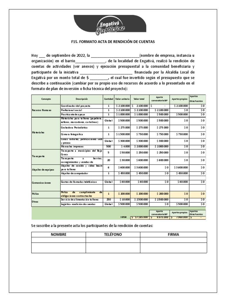 F15. Formato Acta de Rendicion de Cuentas | PDF F15. Formato Acta de Rendicion de Cuentas | PDF