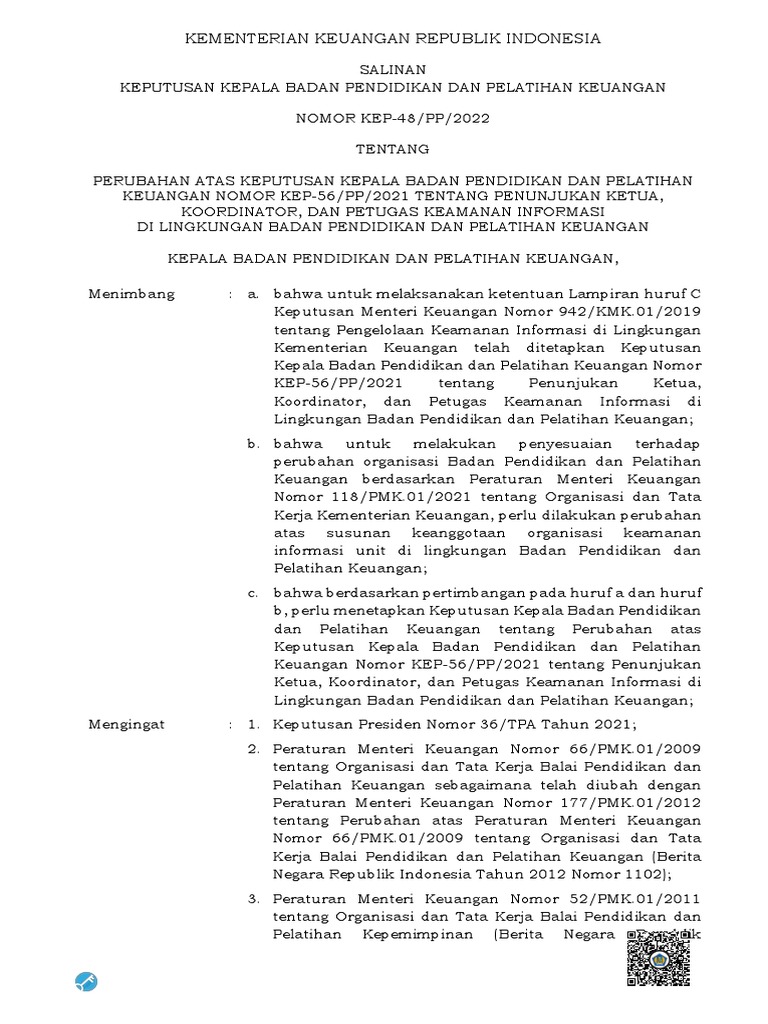 Salinan KEP 48PP2022 Tentang Tim OKI BPPK PDF | PDF | Komputer