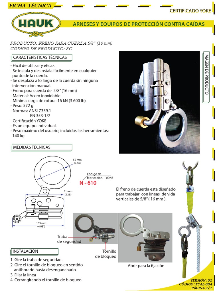 Cert. y Ficha Tecnica Freno de Soga Hauk PDF | PDF