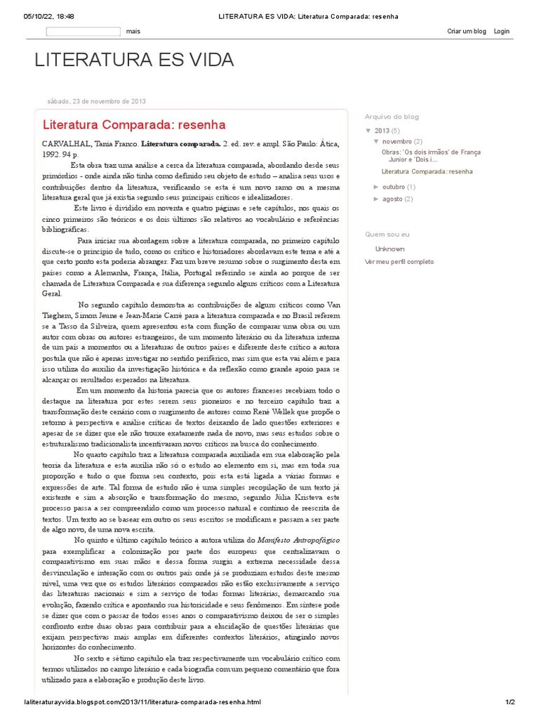 An Analysis of Tania Franco Carvalhal's Book 'Literatura Comparada ...