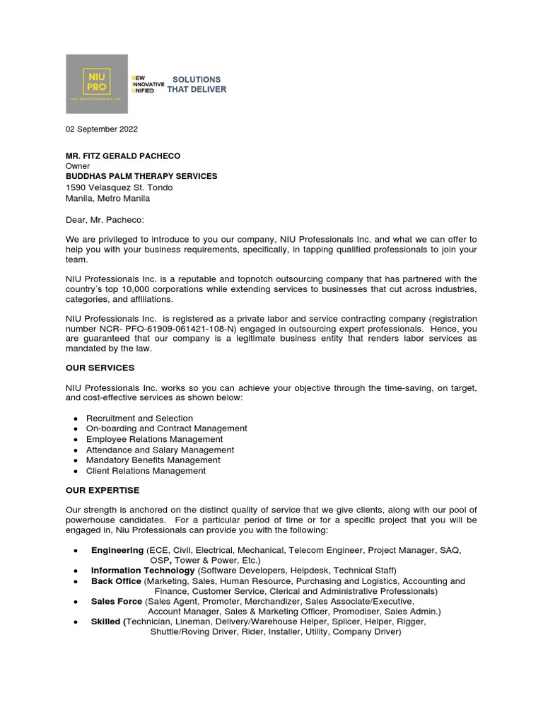 Proposal For Manpower Outsourcing - Buddhas Palm Therapy Services | PDF ...