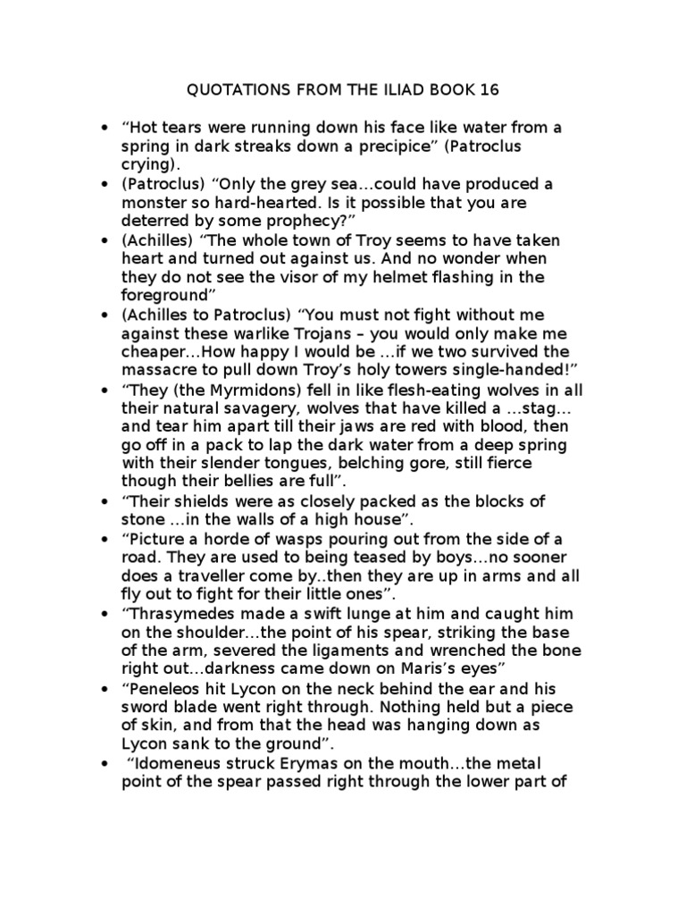 Quotations From The Iliad Book 16 The Death Of Patroclus Pdf Iliad