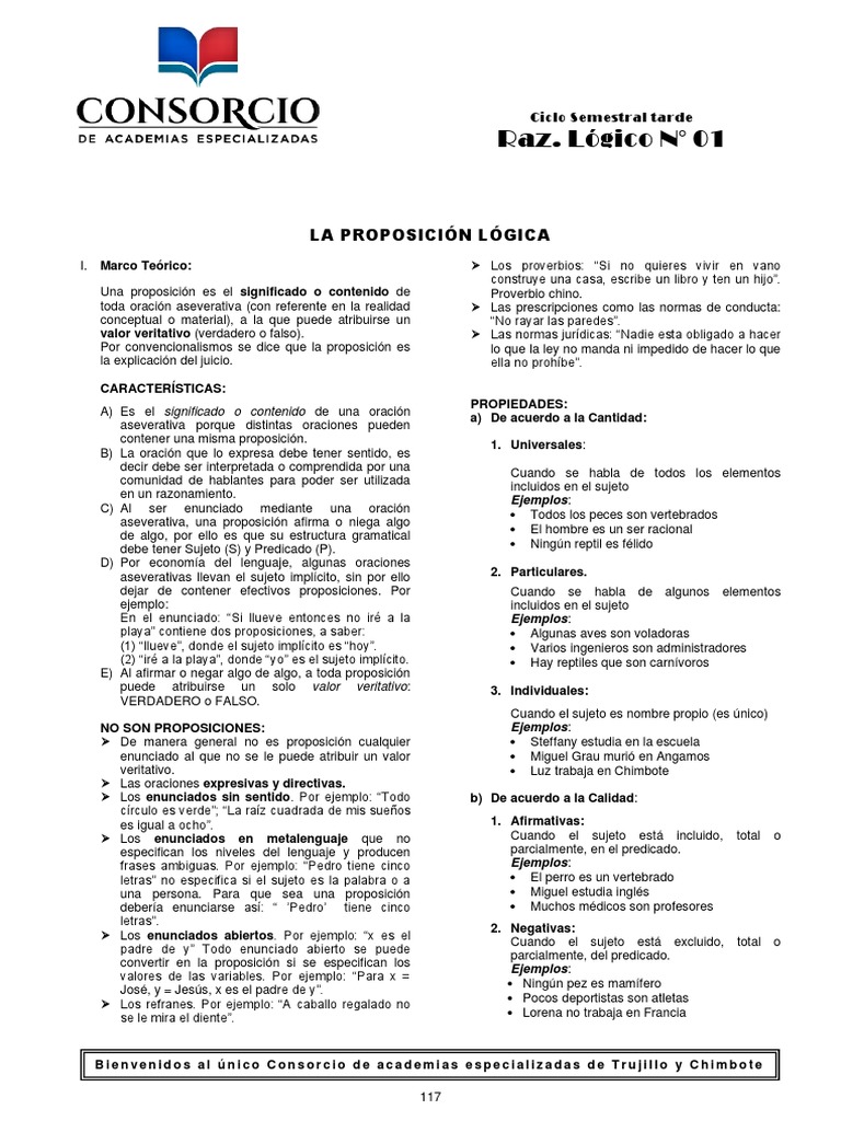 3a - Sem 01 - Raz. Lógico - PR | PDF | Proposición | Oración (Lingüística)