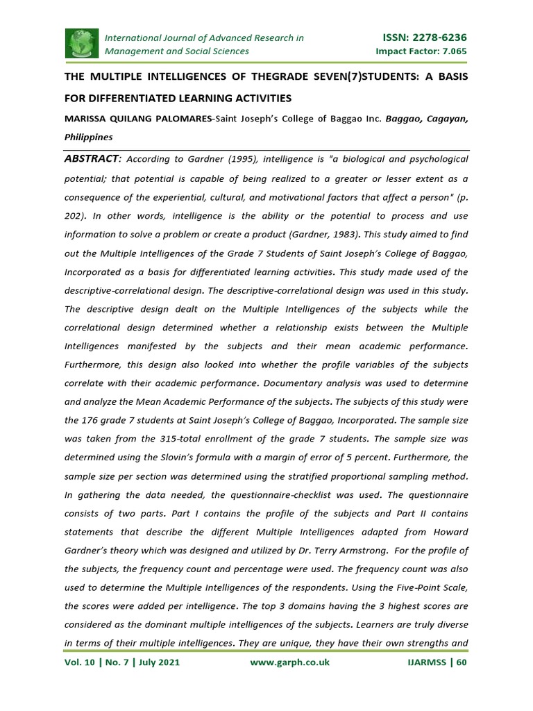 The Multiple Intelligences of Thegrade Seven (7) Students: A Basis For Differentiated Learning ...