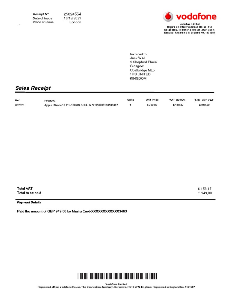 Receipt for iPhone 13 Pro purchase in London | PDF