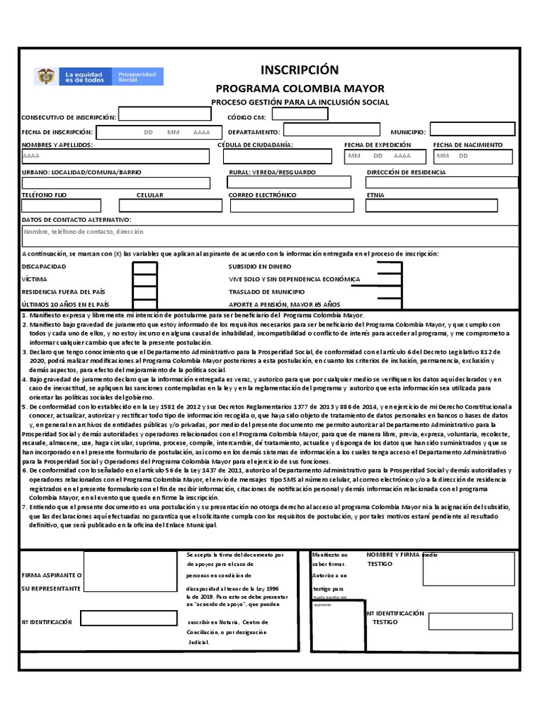 Formato Inscripcion Colombia Mayor Completo | PDF