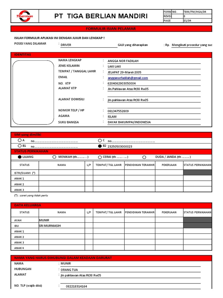 Form Isian Pelamar | PDF