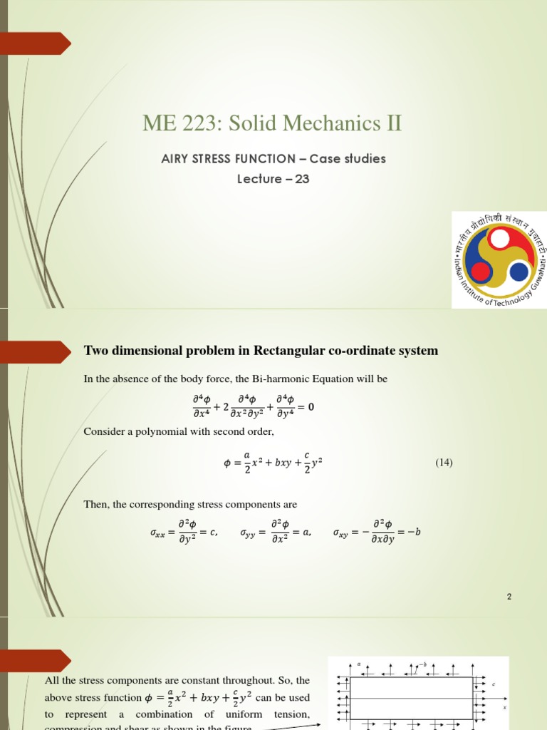 ME223-Lecture 23 AiryStressFunction | PDF | Bending | Stress (Mechanics)