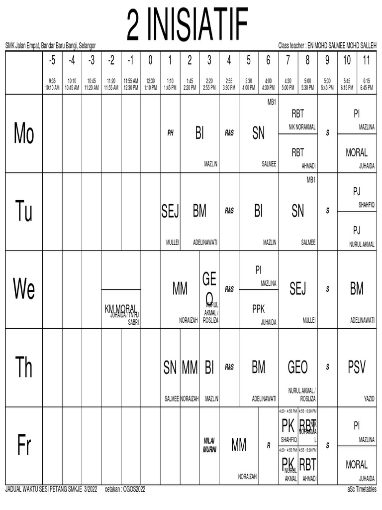 Kelas Jadual 3 - 2022 SMK Jalan Empat | PDF