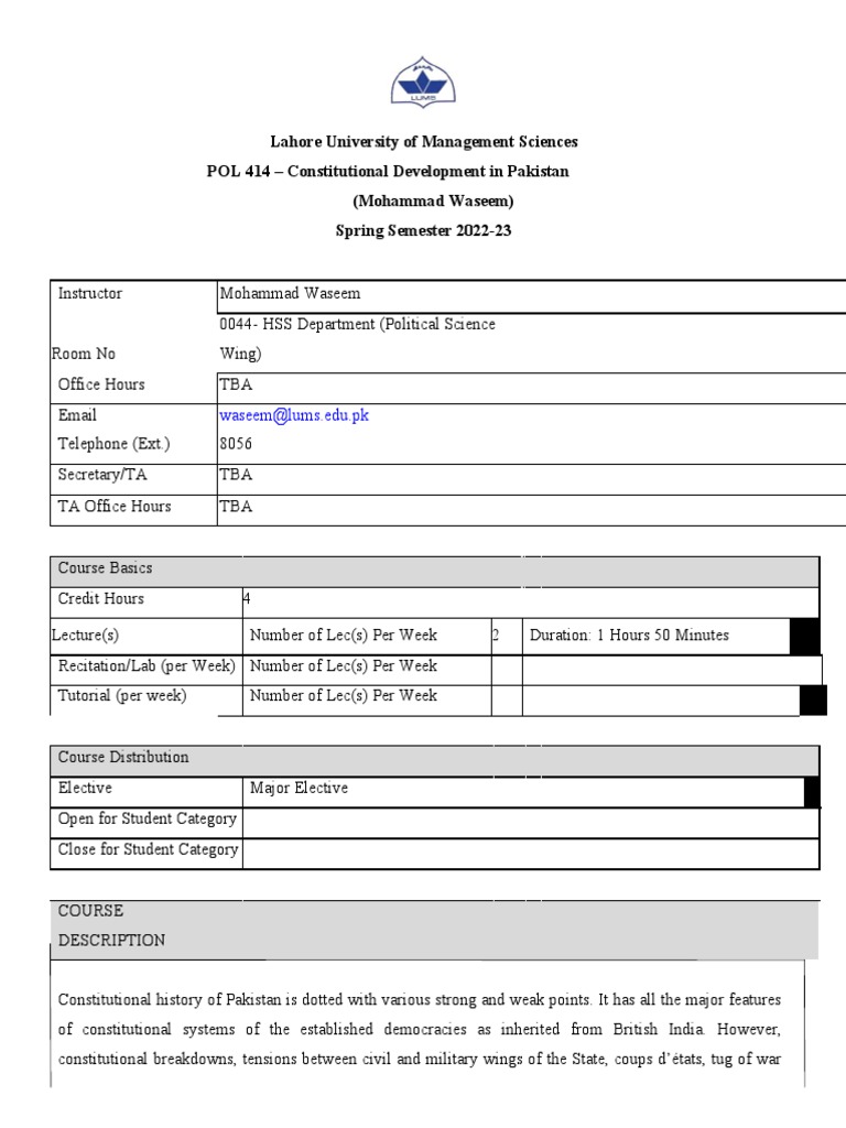 POL 414.constitutional Development in Pakistan Course Outline | PDF ...