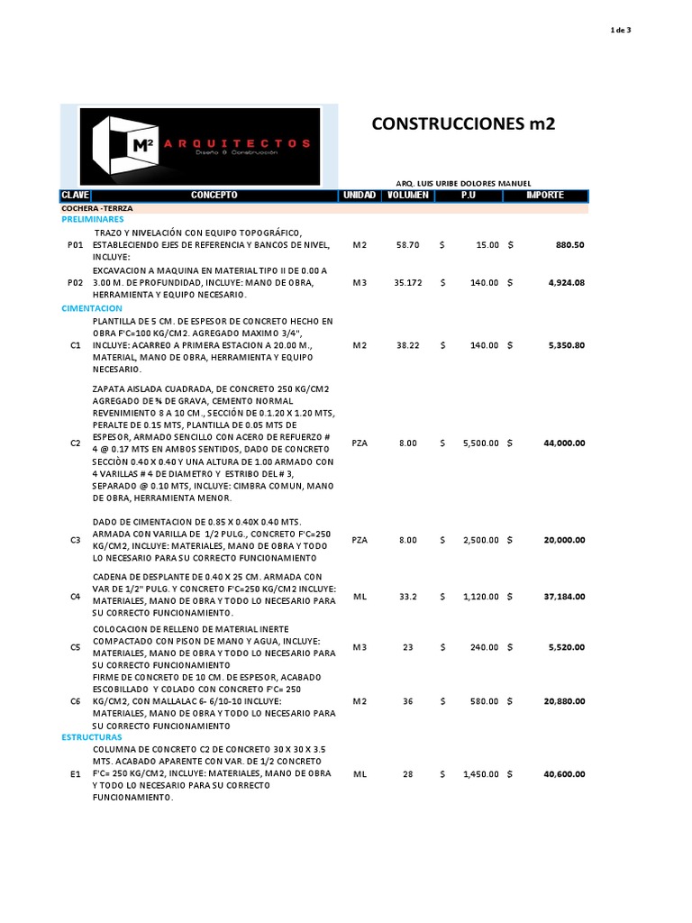 Presupuesto Cochera-Terraza Barrio Nuevo | PDF | Hormigón | edificio