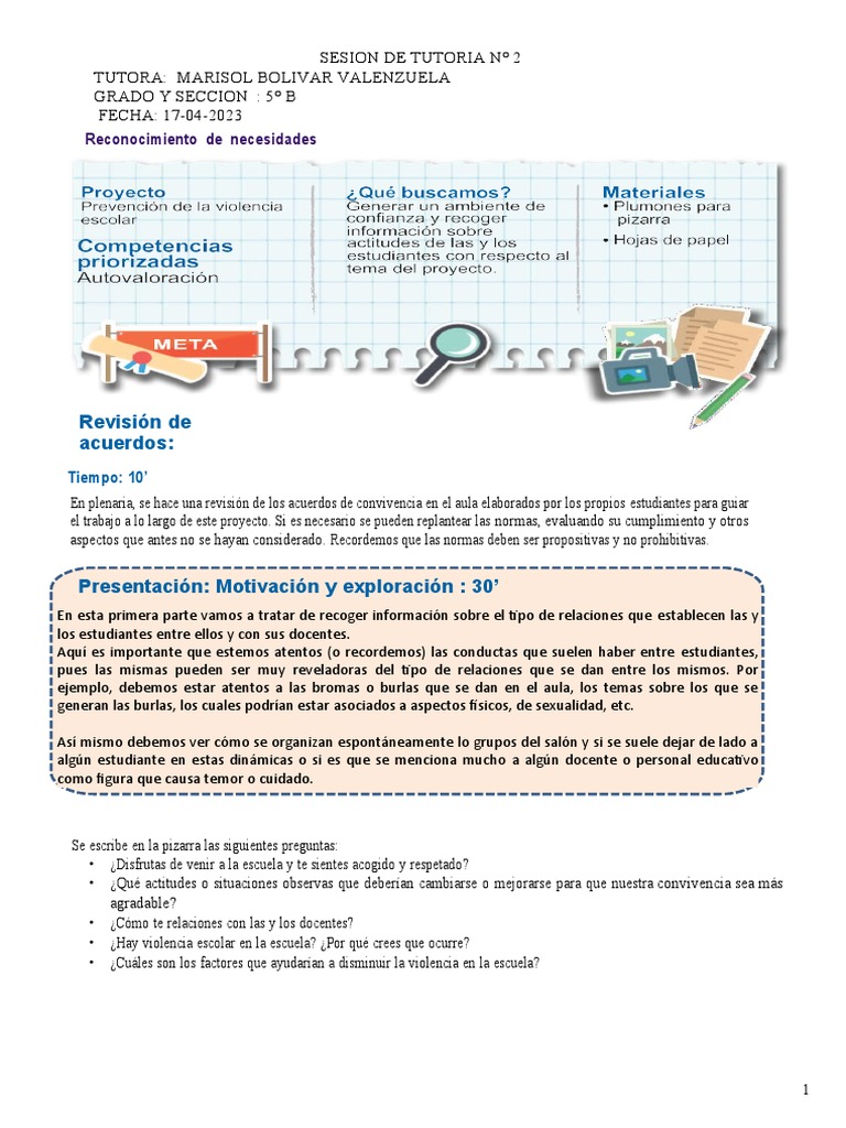 Sesion Tutoria Prevención De La Violencia Escolar Descargar Gratis